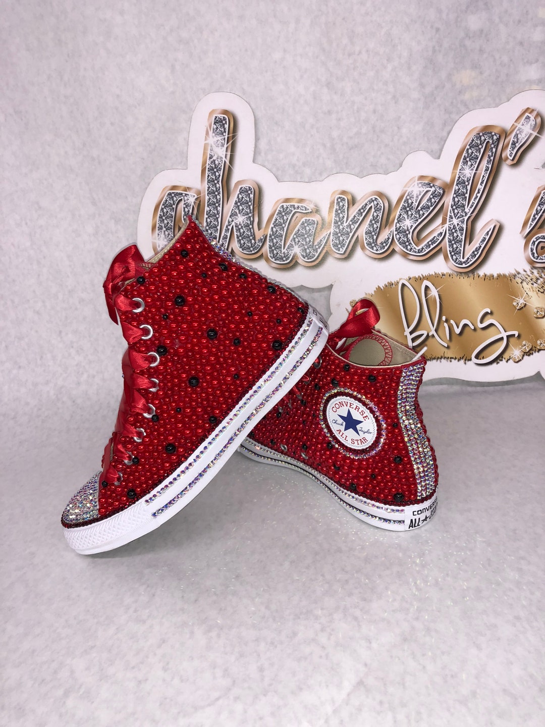 Kids Red/black Bling Converse All Star Chuck Taylor Sneakers HIGH TOP ...