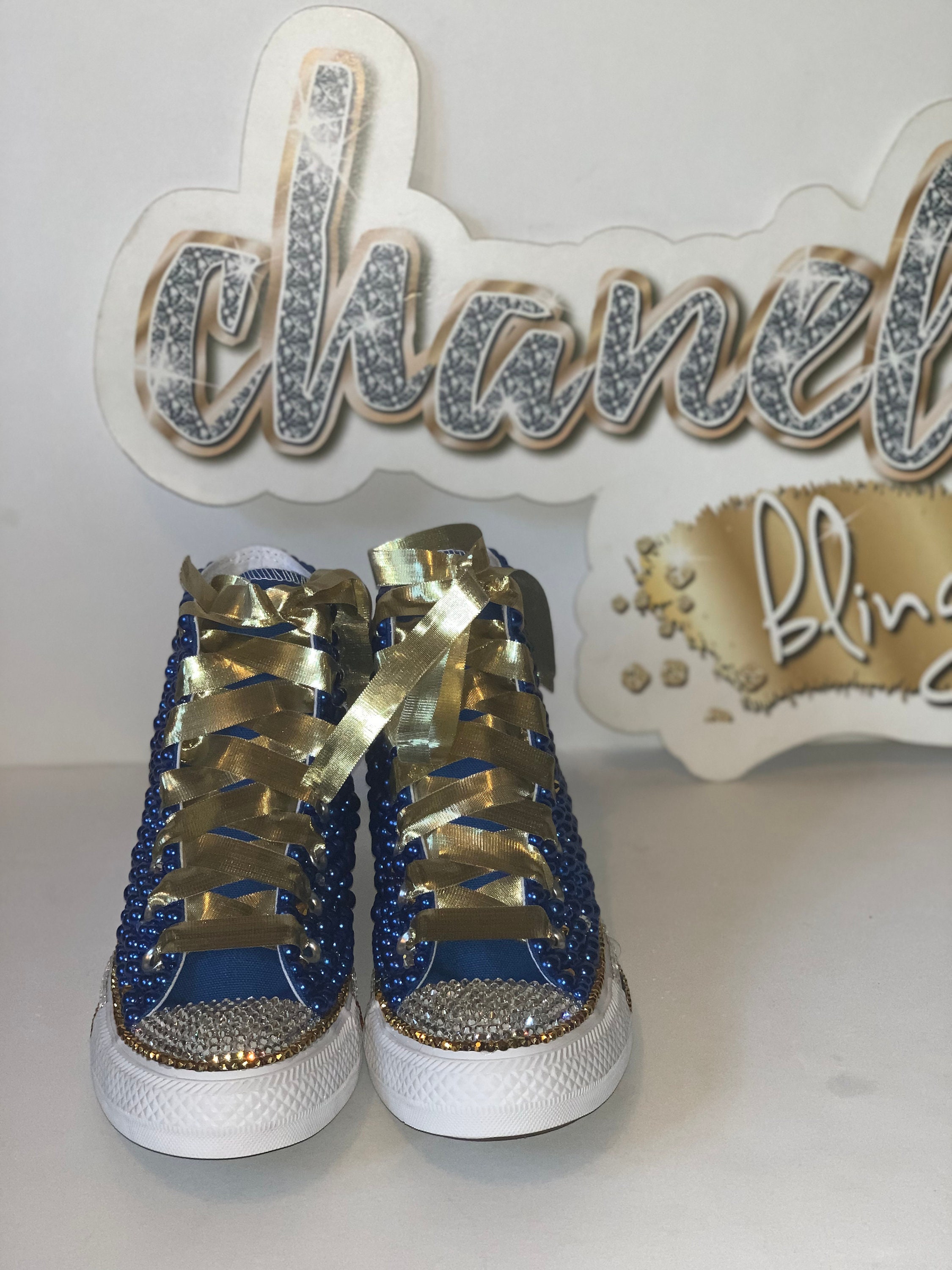 Women s Blue gold Custom Bling All Star Converse Chuck Taylor Sneakers Etsy