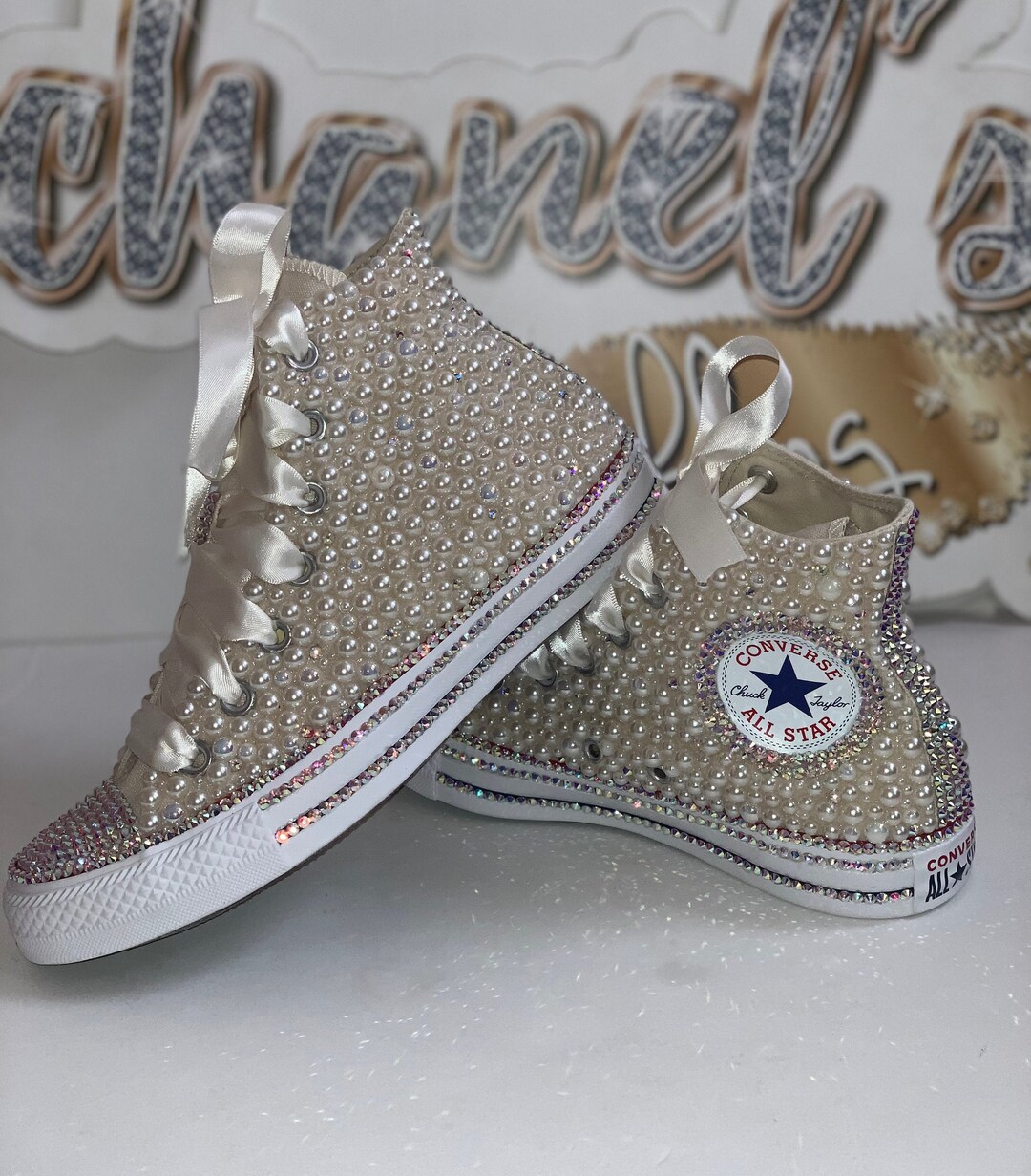 Ivory Bling Sneakers | Women's Ivory Rhinestone High Top off White ...