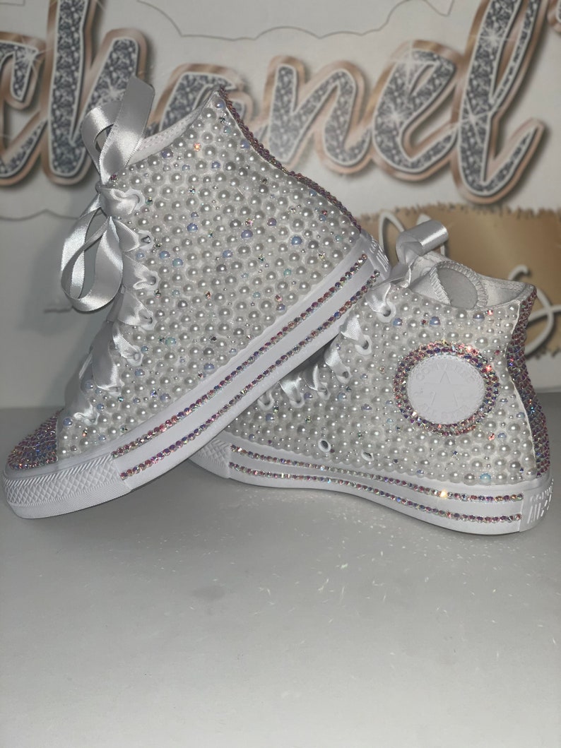 Rhinestone Converse Sneakers – Women's Handmade Bling High Top White ...