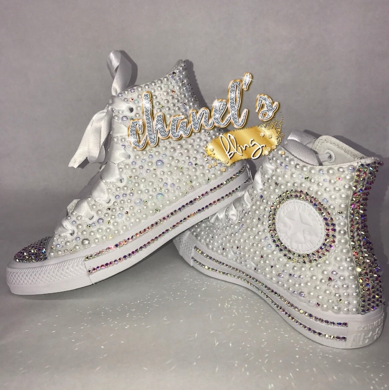 Rhinestone Converse Sneakers – Women's Handmade Bling High Top White ...