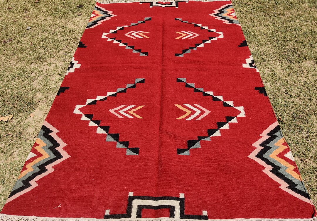 5x8 Ft Handwoven Red Wool Navajo Rug Southwestern Pattern Native ...