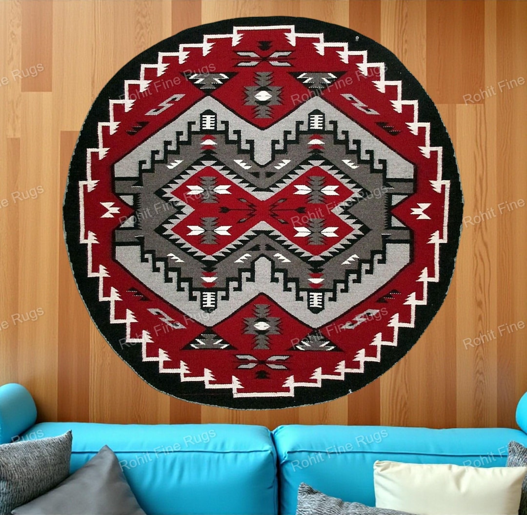 8x8 Ft Handwoven Wool Round Navajo Rug Southwestern Pattern Native ...