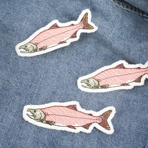 Red Salmon Embroidered Patch, Fish Canvas Applique, Oncorhynchus Nerka ...