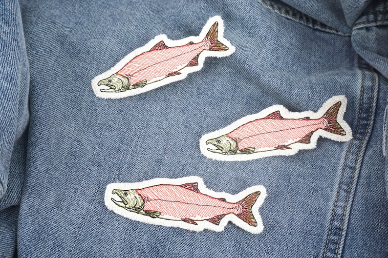Red Salmon Embroidered Patch, Fish Canvas Applique, Oncorhynchus Nerka ...
