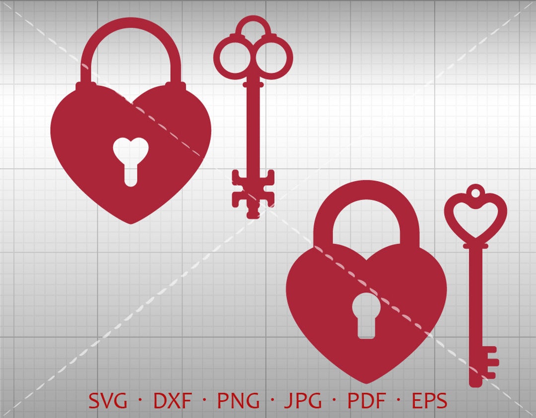 Heart Lock Key SVG, Heart Shaped Lock Key Clipart DXF Silhouette Cricut ...