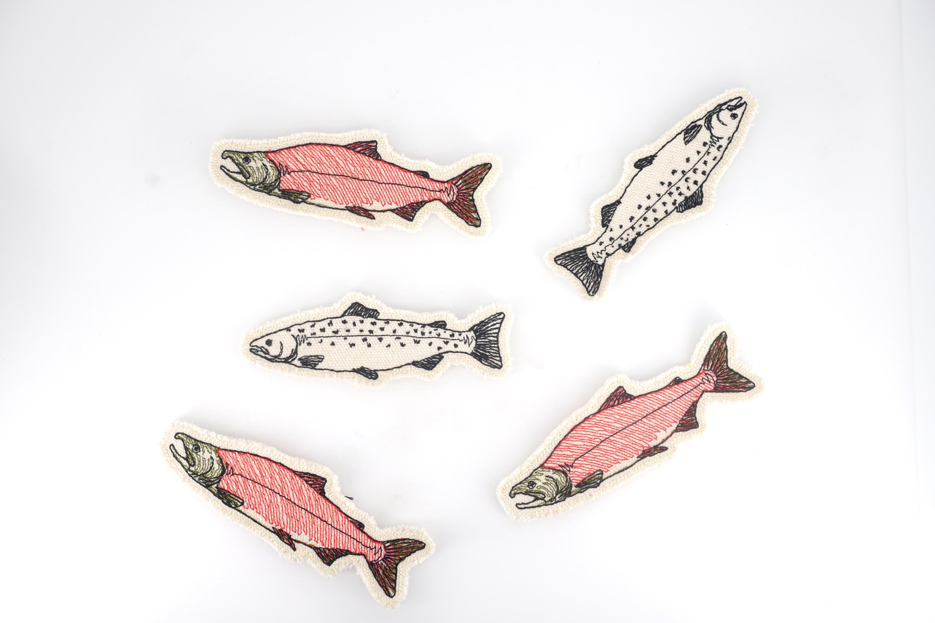 Red Salmon Embroidered Patch, Fish Canvas Applique, Oncorhynchus Nerka ...
