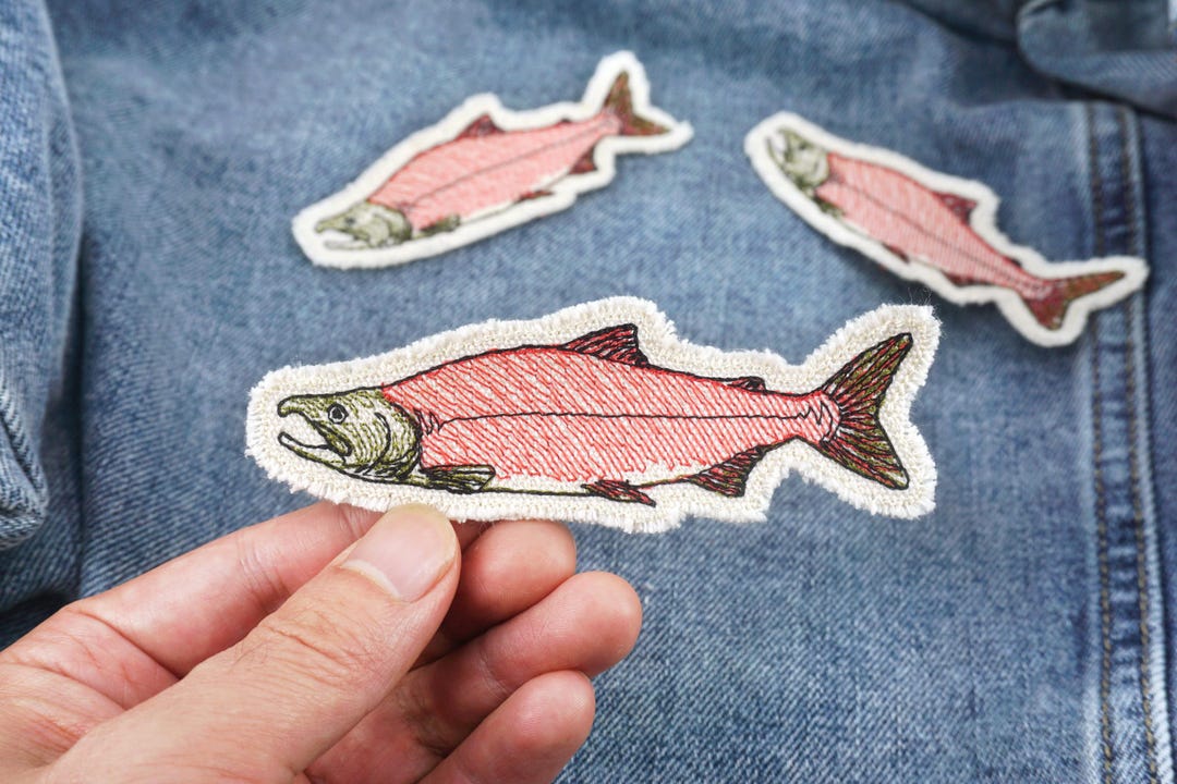 Red Salmon Sew on Embroidered Patch, Fish Canvas Applique, Oncorhynchus ...
