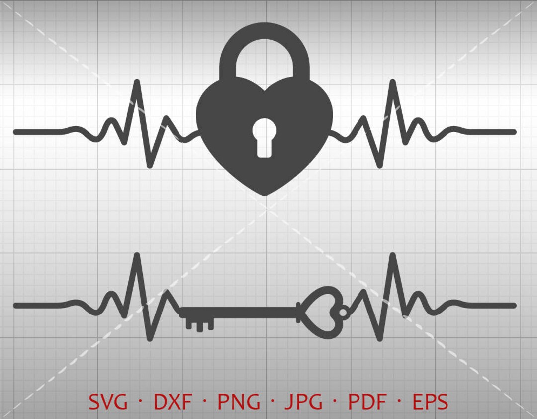 Heartbeat Heart Lock and Key SVG, EKG Heart Lock Clipart Dxf Vector ...