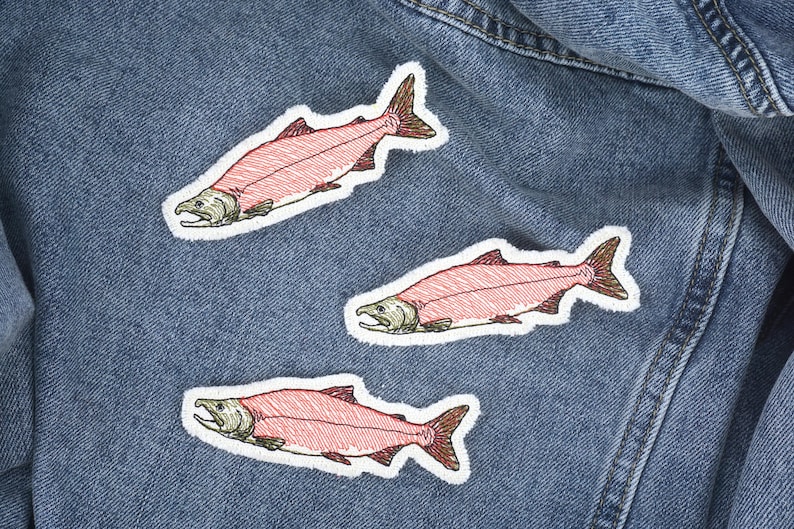 Red Salmon Embroidered Patch, Fish Canvas Applique, Oncorhynchus Nerka ...