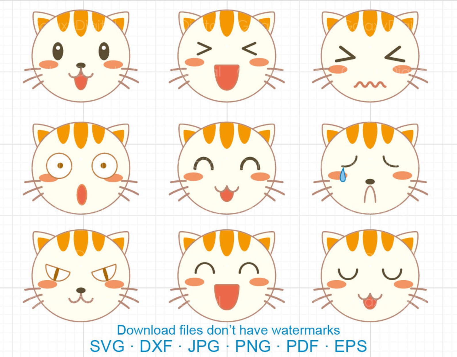 Cute Cat Face Clipart SVG II, Kawaii SVG Dxf Silhouette Cricut Cut ...