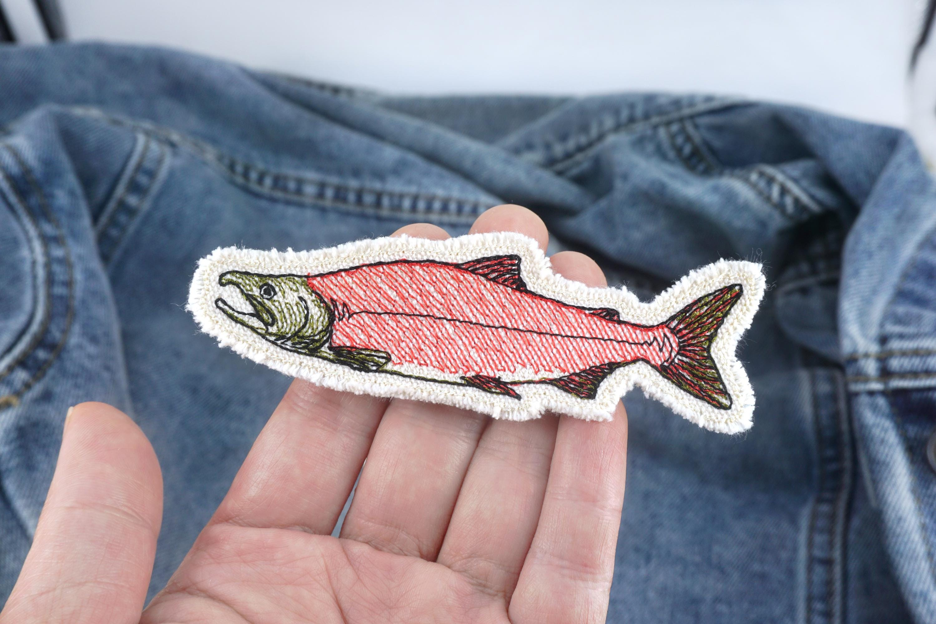 Red Salmon Embroidered Patch, Fish Canvas Applique, Oncorhynchus Nerka ...