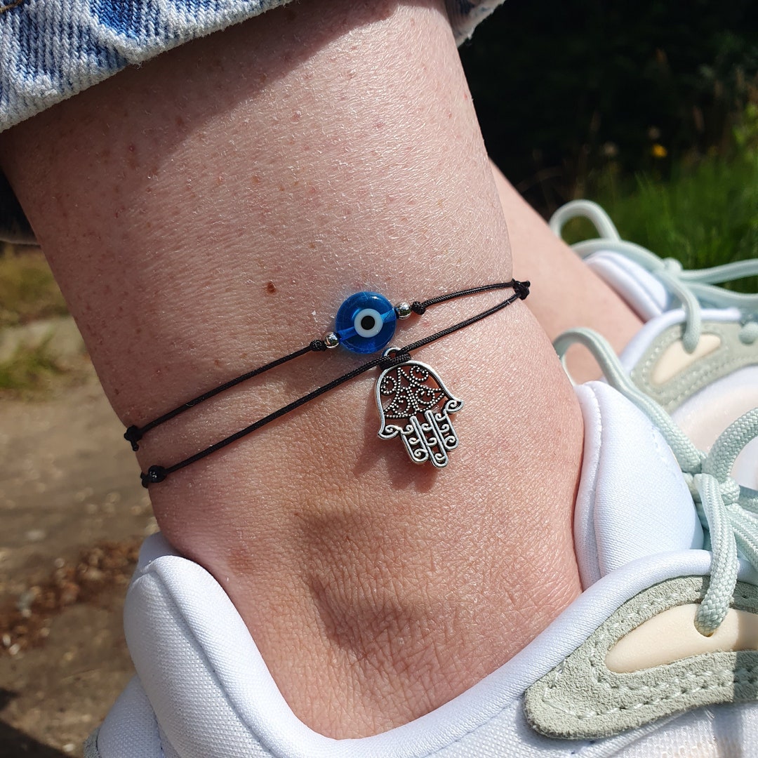 Evil Eye & Hamsa Hand Anklets, Black Cord Anklets With Sliding Knots ...