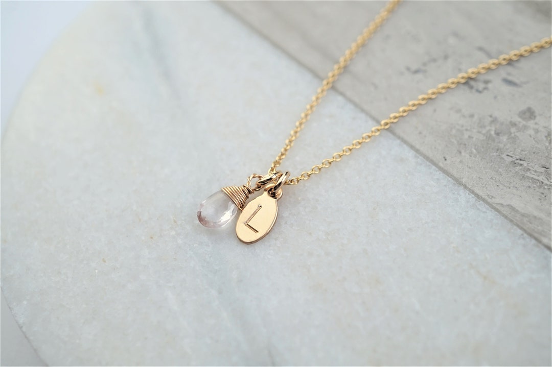 Petit collier de quartz rose, collier de pierres précieuses initial ...