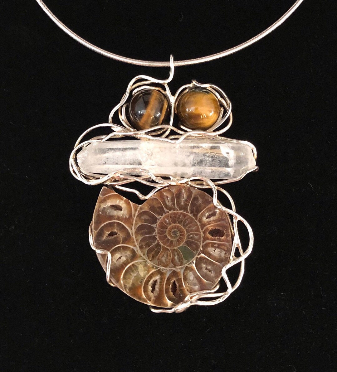 925% Silver Necklace 40 Cm With Fossil Ammonite, Tiger's Eye Hyaline ...