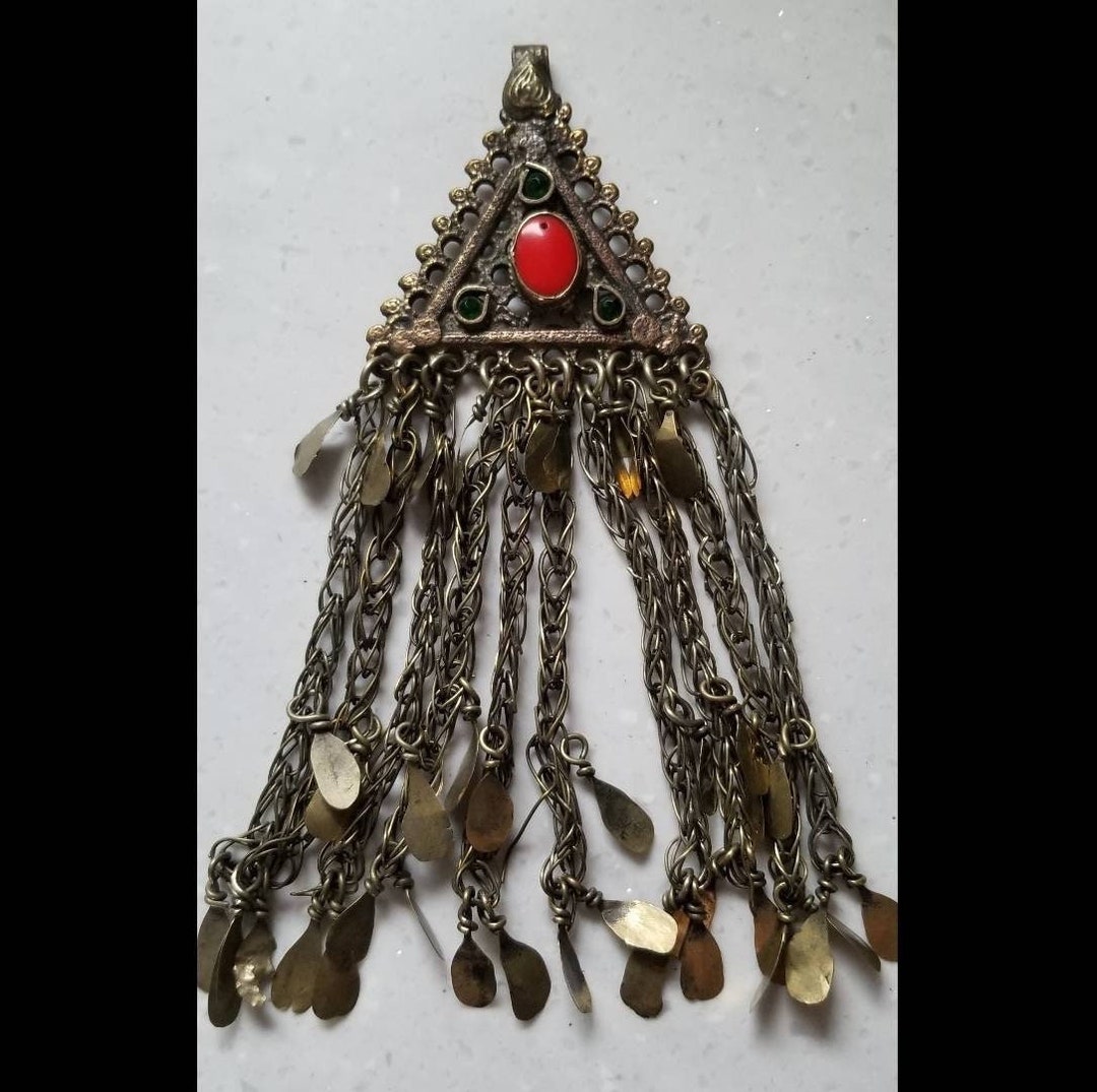 Vintage Triangle Afghan Kuchi Tribal ATS Gypsy Pendant Long W/ Dangles ...