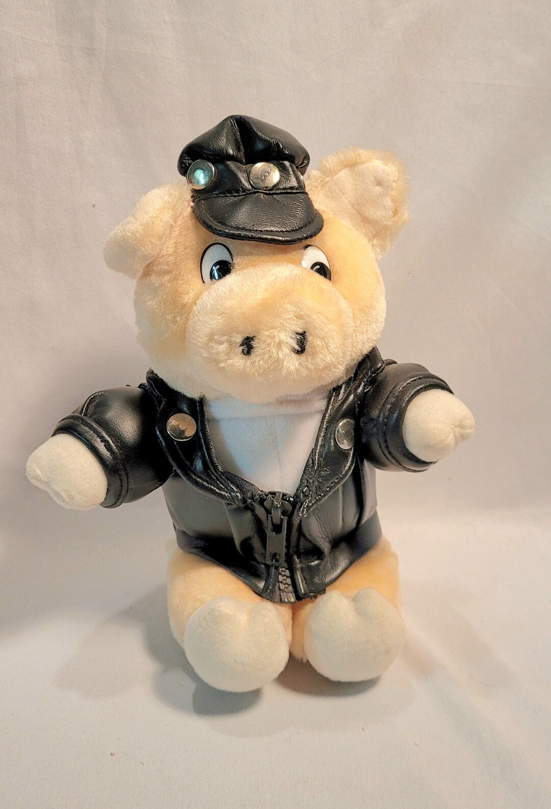 1990s Biker Hog Plush Pleather Coat and Hat W/silver Button Accent 8.5 ...