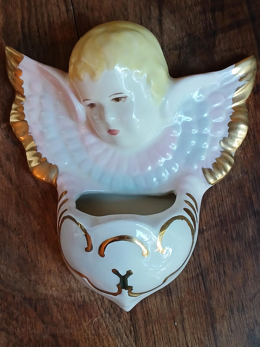 Large Holy Water Font White and Gold Angel Vintage Very Good Condition ...
