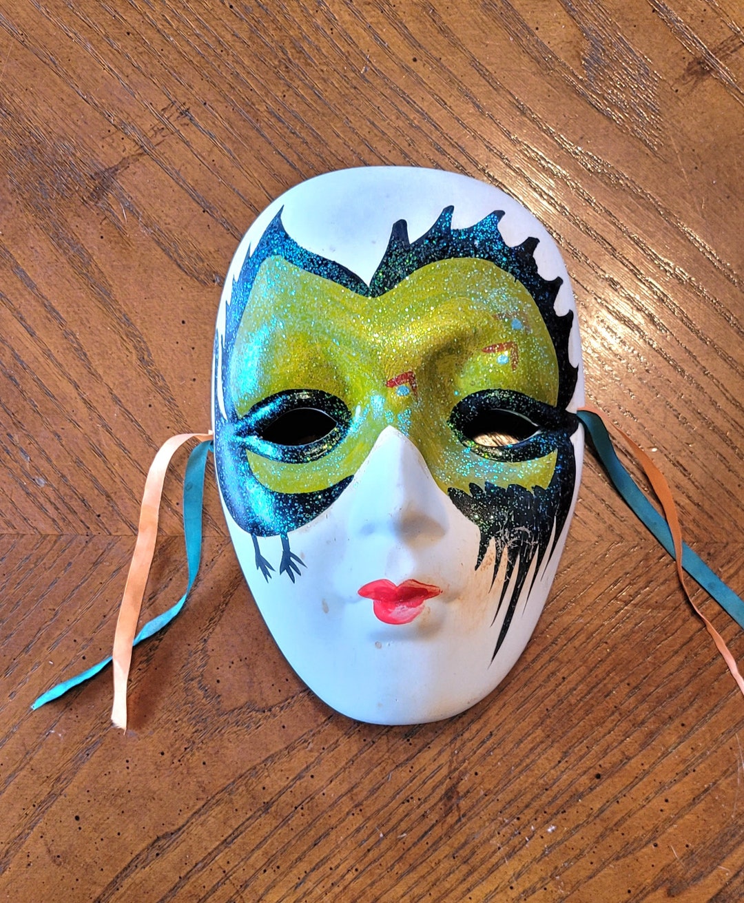 Vtg Hand Painted Mardi Gras Mask Wall Decor Green and Black Ribbons - Etsy