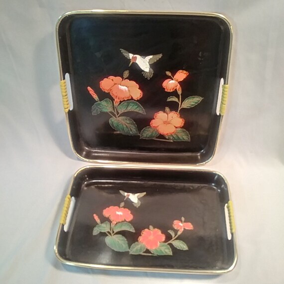 Vintage Set of Two Black Lacquer Asian Inspired Serving Trays - Etsy