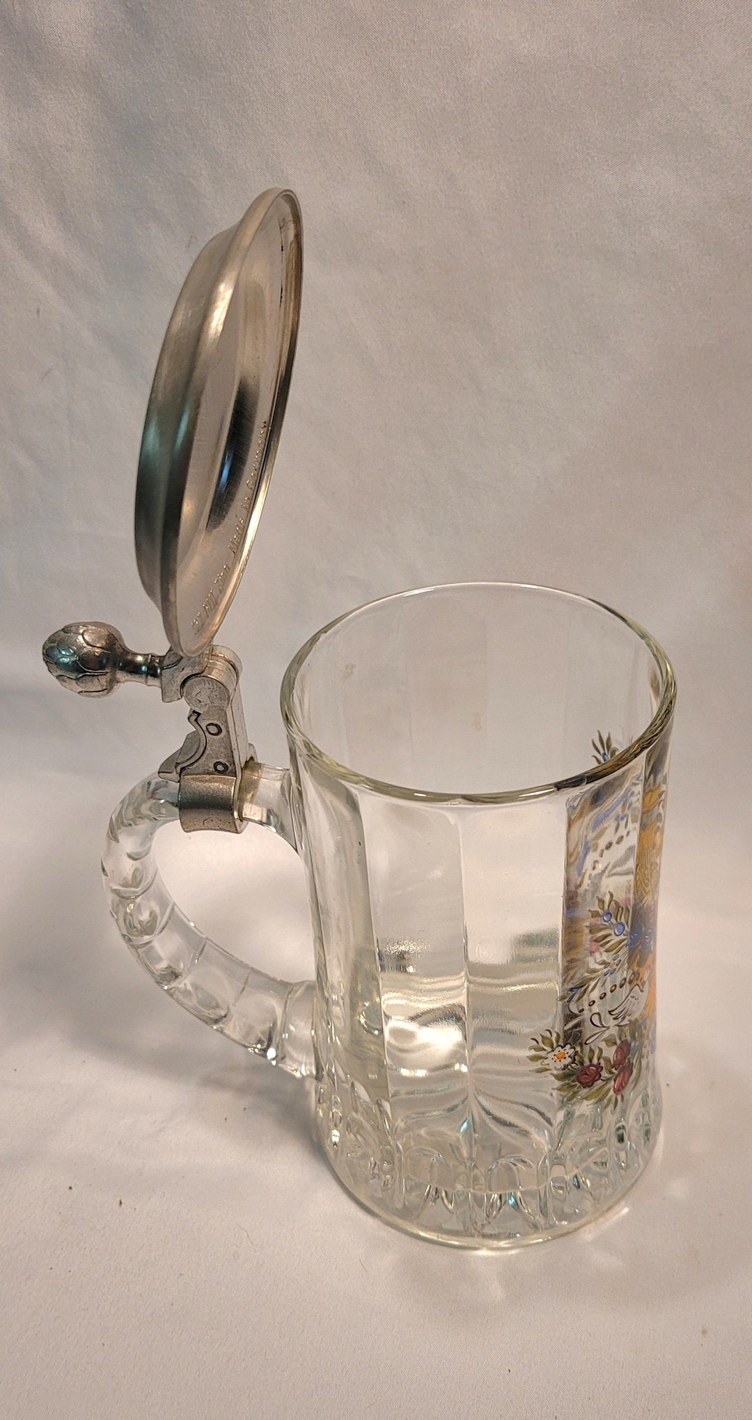 Vintage BMF Zinn GLASS Stein Hand Painted Glass & Pewter Excellent ...