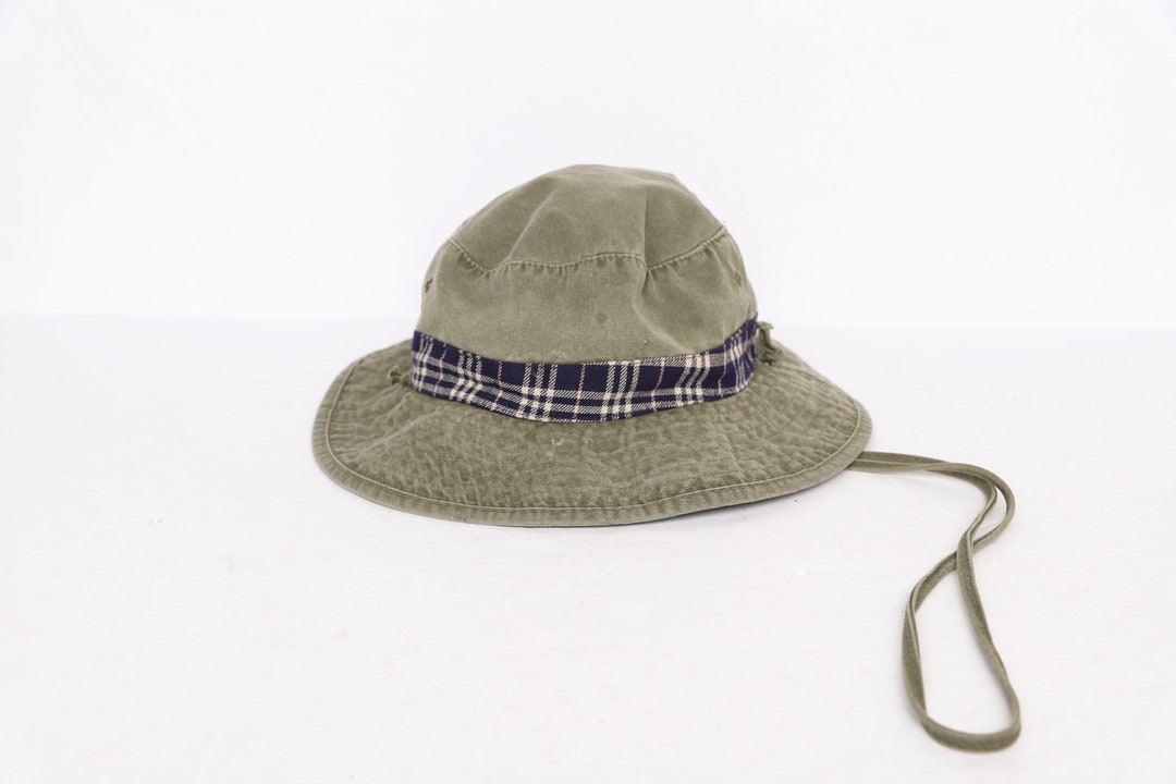 VINTAGE Sun Hat Tan & Plaid Ringer 90s BUCKET Safari Hat Spring Summer ...