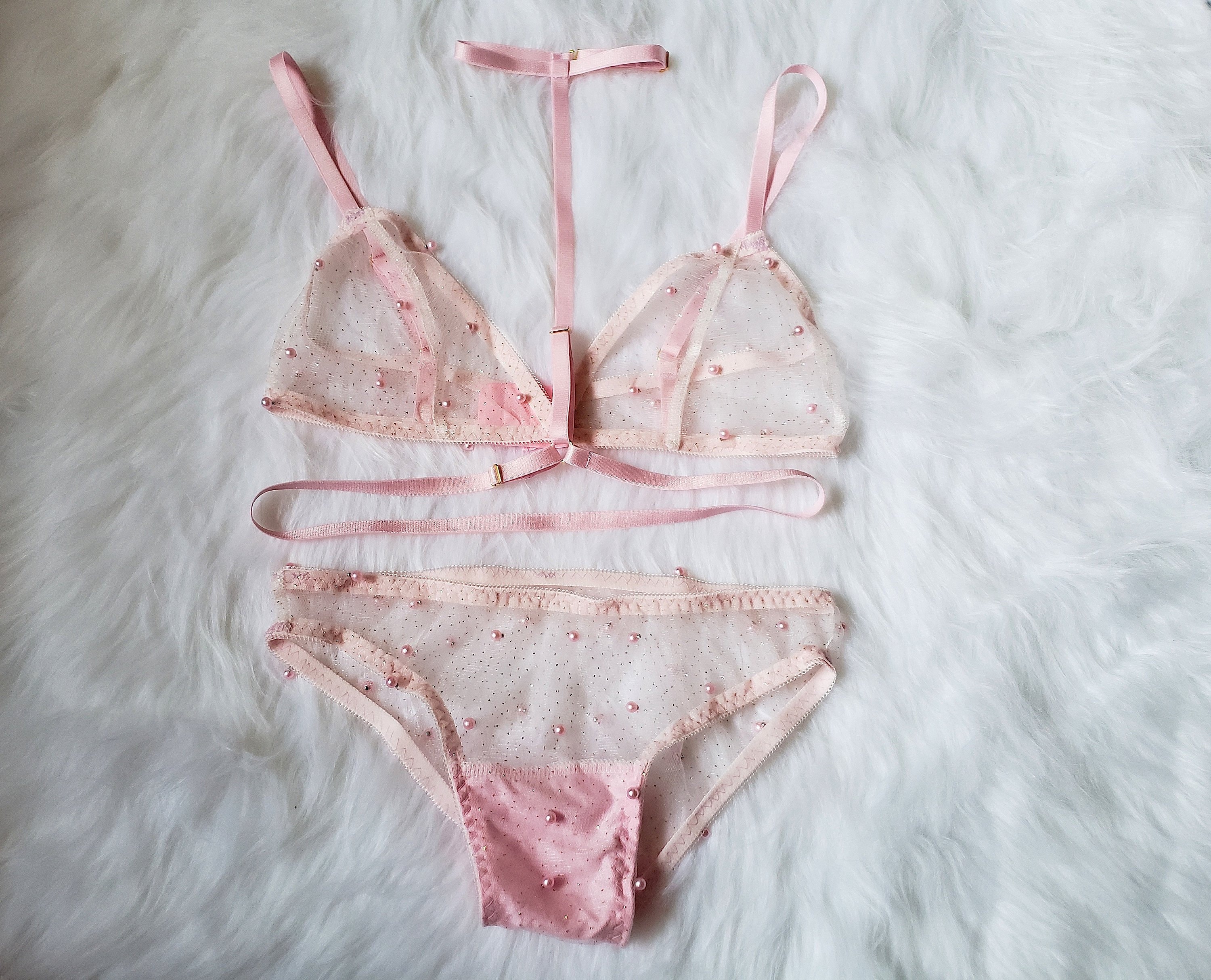 Pink Pearl Tulle Lingerie Set - Etsy UK