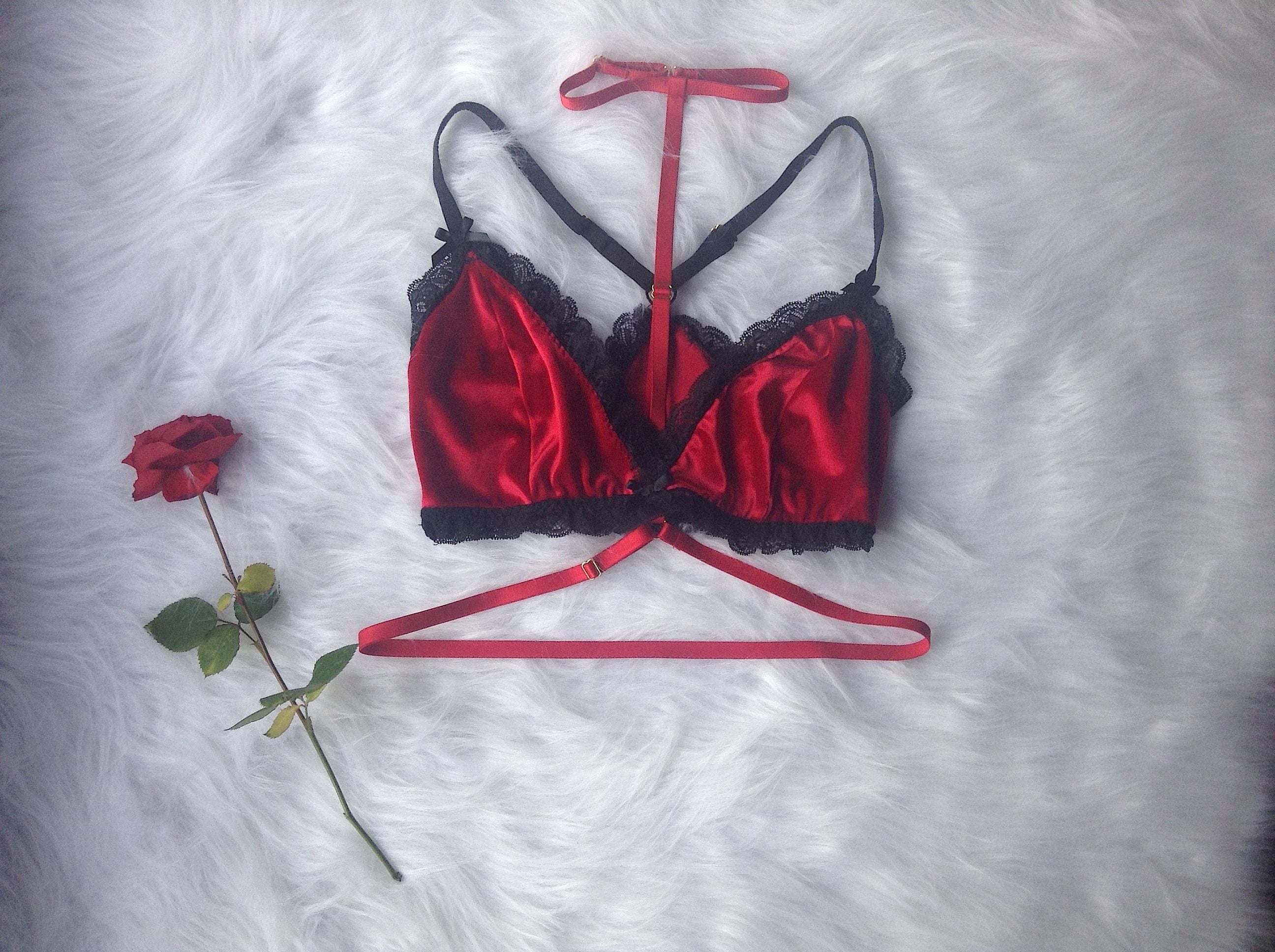 Red Velvet Bralette, Velvet Soft Cup, Red Bralette, Lace Bralette ...