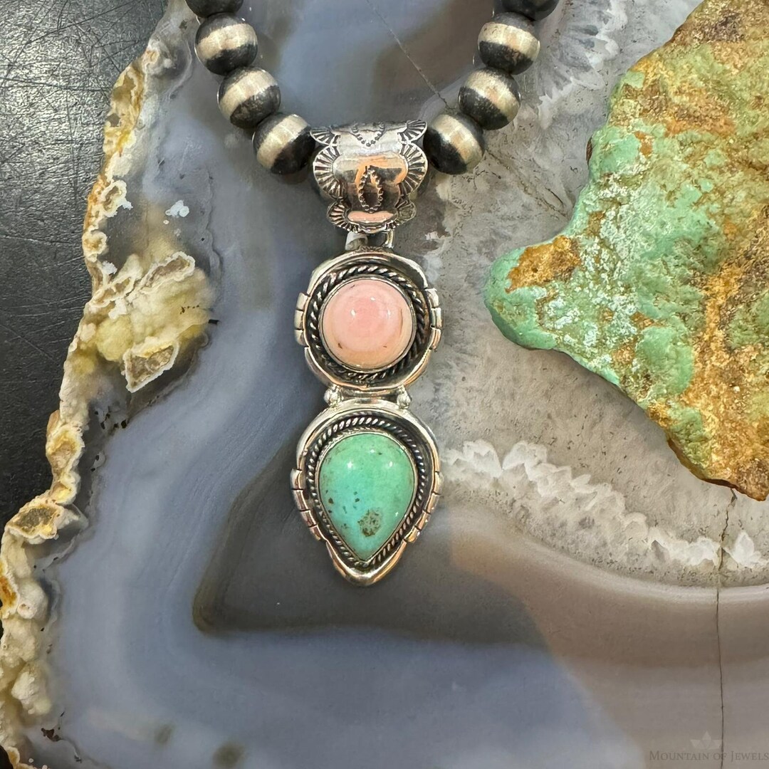 Sterling Silver Pink Conch Shell & Turquoise Pendant for Women 1 ...