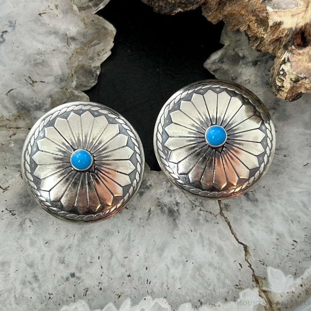 Native American Sterling Silver Concho W/turquoise Dot Stud Earrings ...