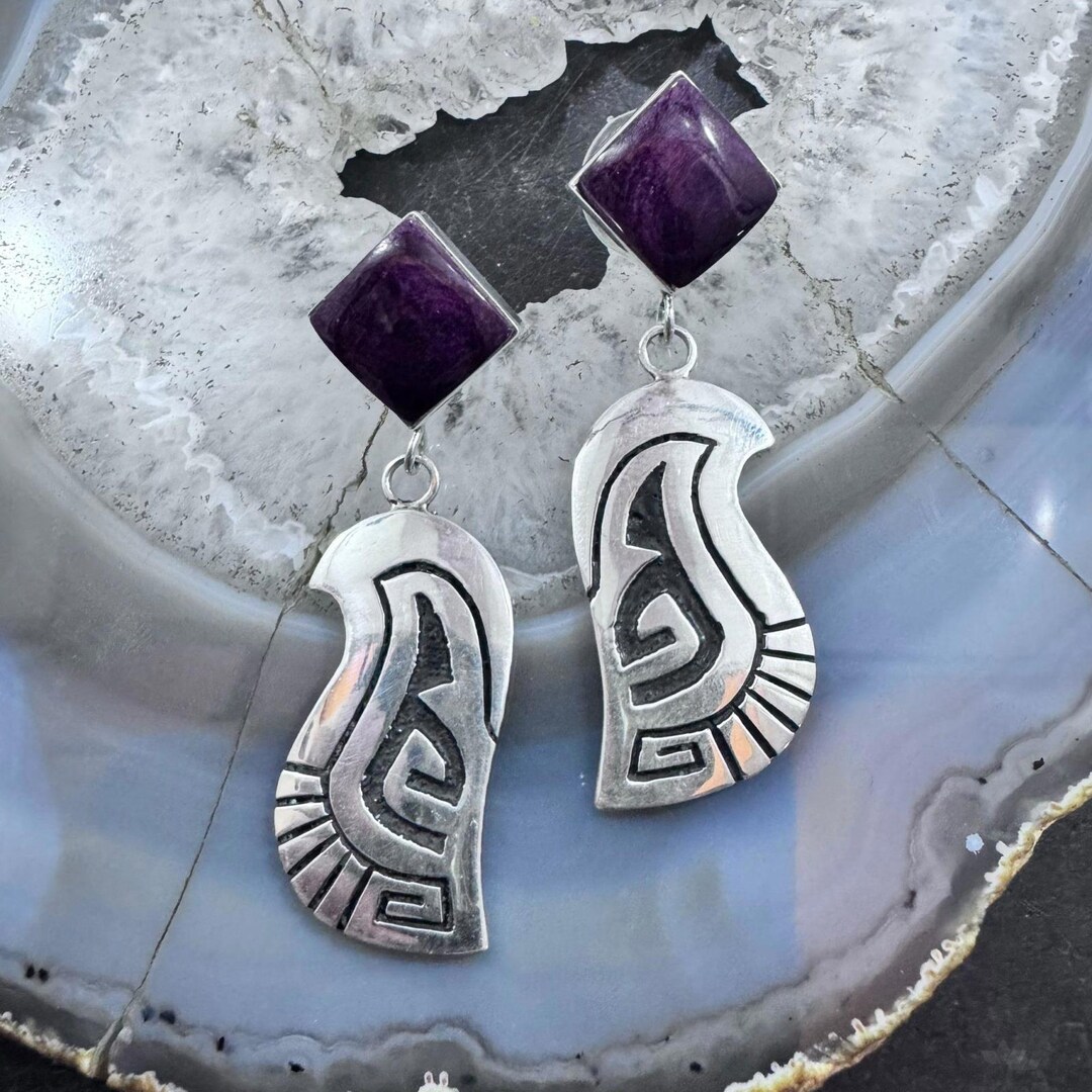 Abraham Begay Sterling Silver Spiny Oyster Overlay Dangle Earrings for ...