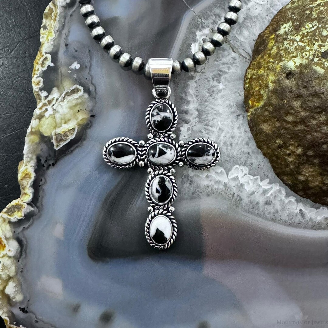 Sterling Silver Oval White Buffalo Decorated Unisex Cross Pendant ...