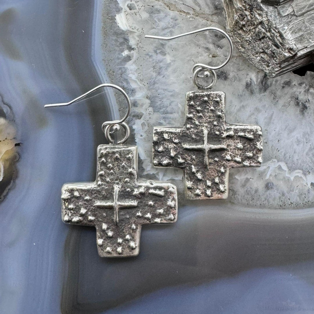 Cheyenne Custer Sterling Silver Tufa Cast Cross Dangle Earrings for ...