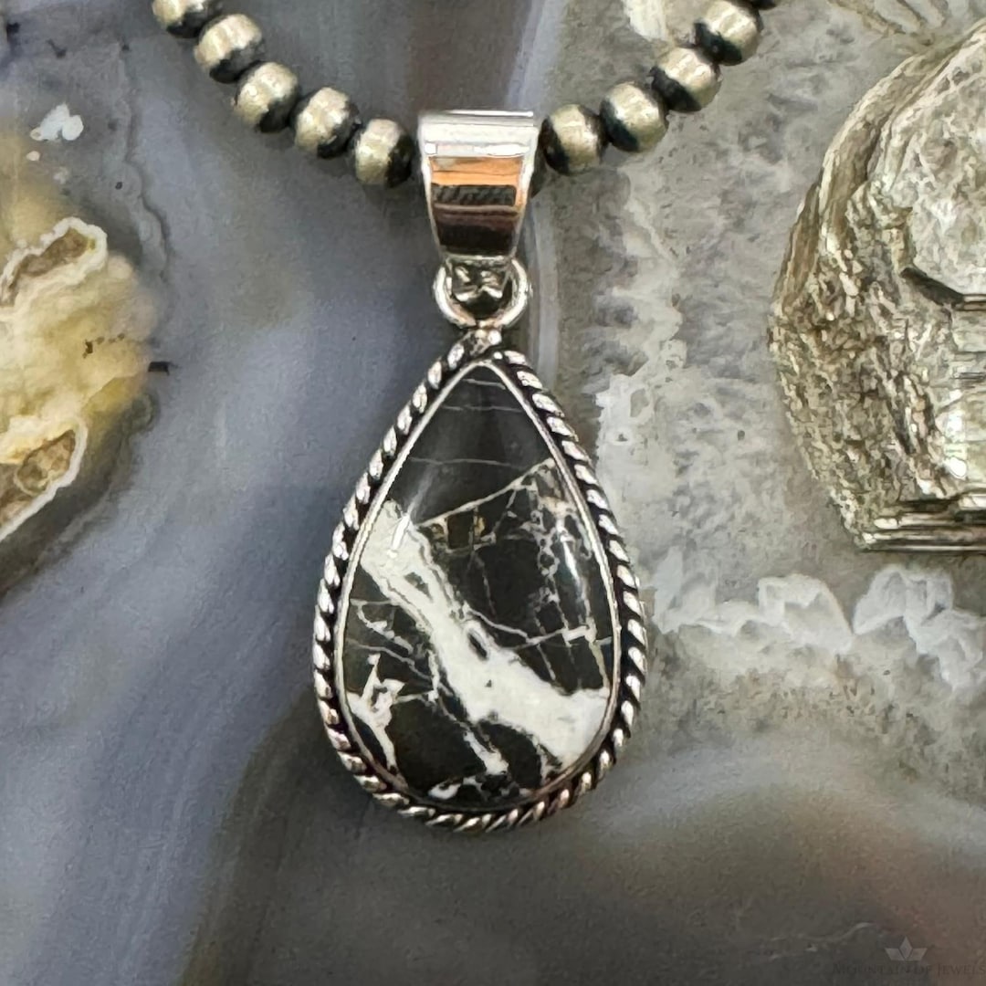 Sterling Silver Teardrop White Buffalo Decorated Unisex Pendant, Native ...