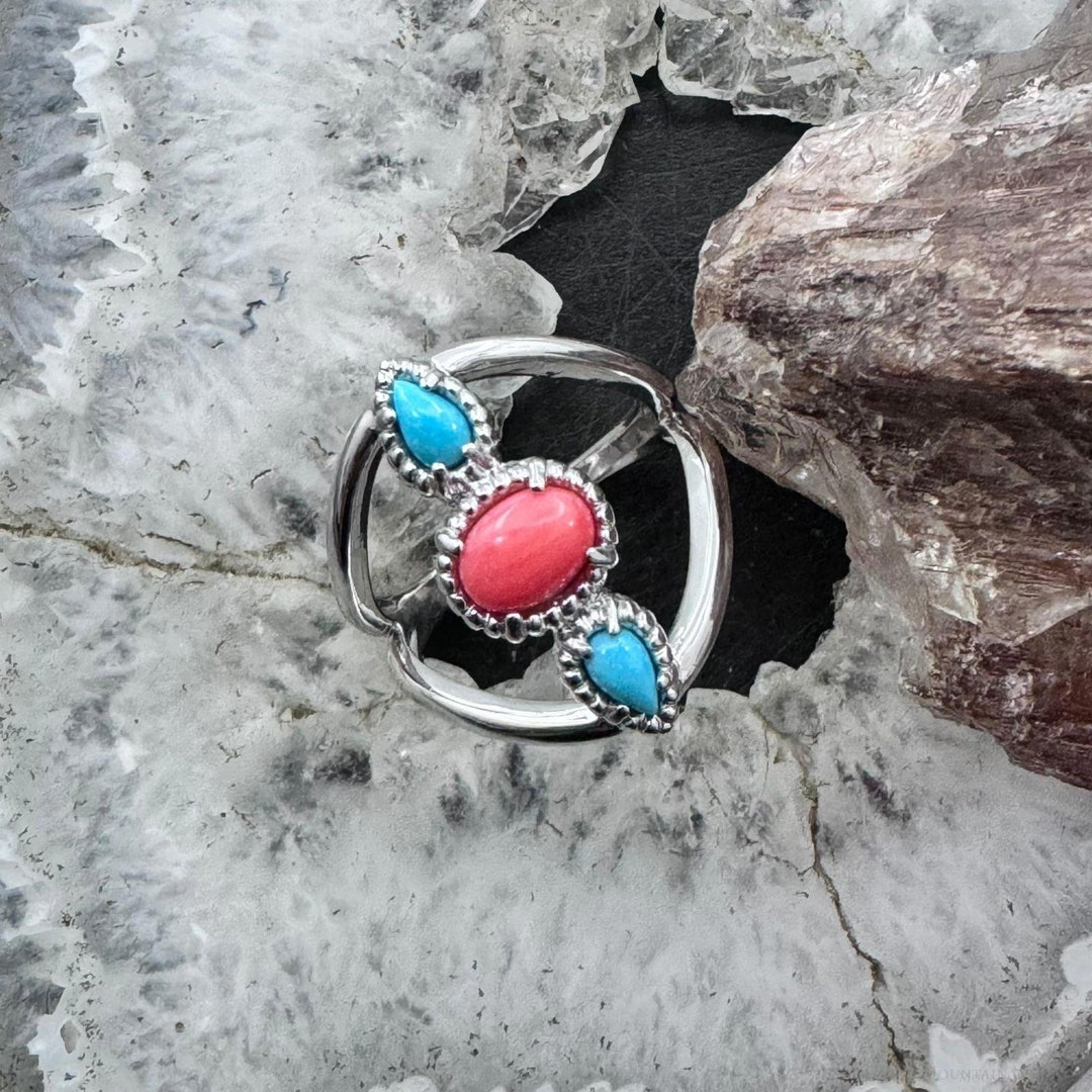 Carolyn Pollack Sterling Silver 2 Turquoise & 1 Coral Split Shank Ring ...