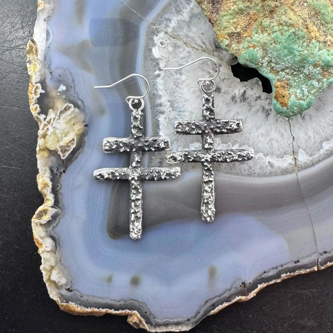 Cheyenne Custer Sterling Silver Tufa Cast Native Cross Dangle Earrings ...
