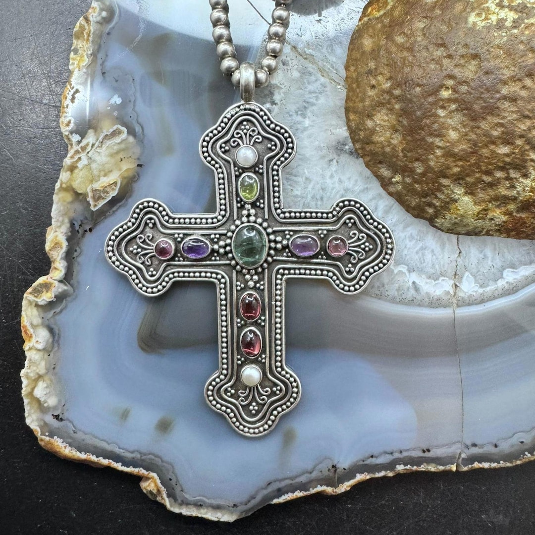 Vintage Sterling Silver Multi Gemstone Cross Pendant W/brads Bead Chain ...