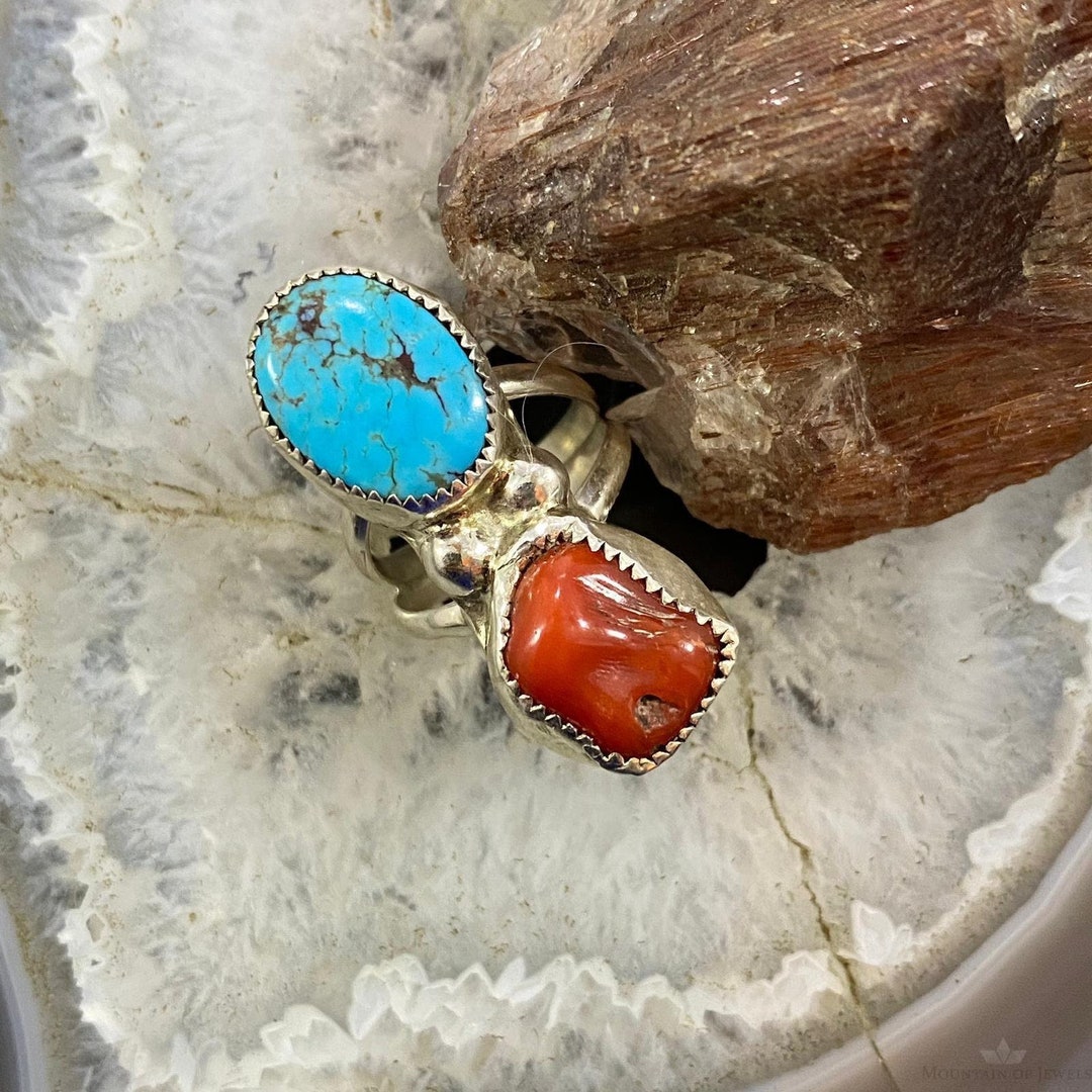 Silver Ray Sterling Silver Elongated Turquoise & Coral Ring Size 5.5 ...