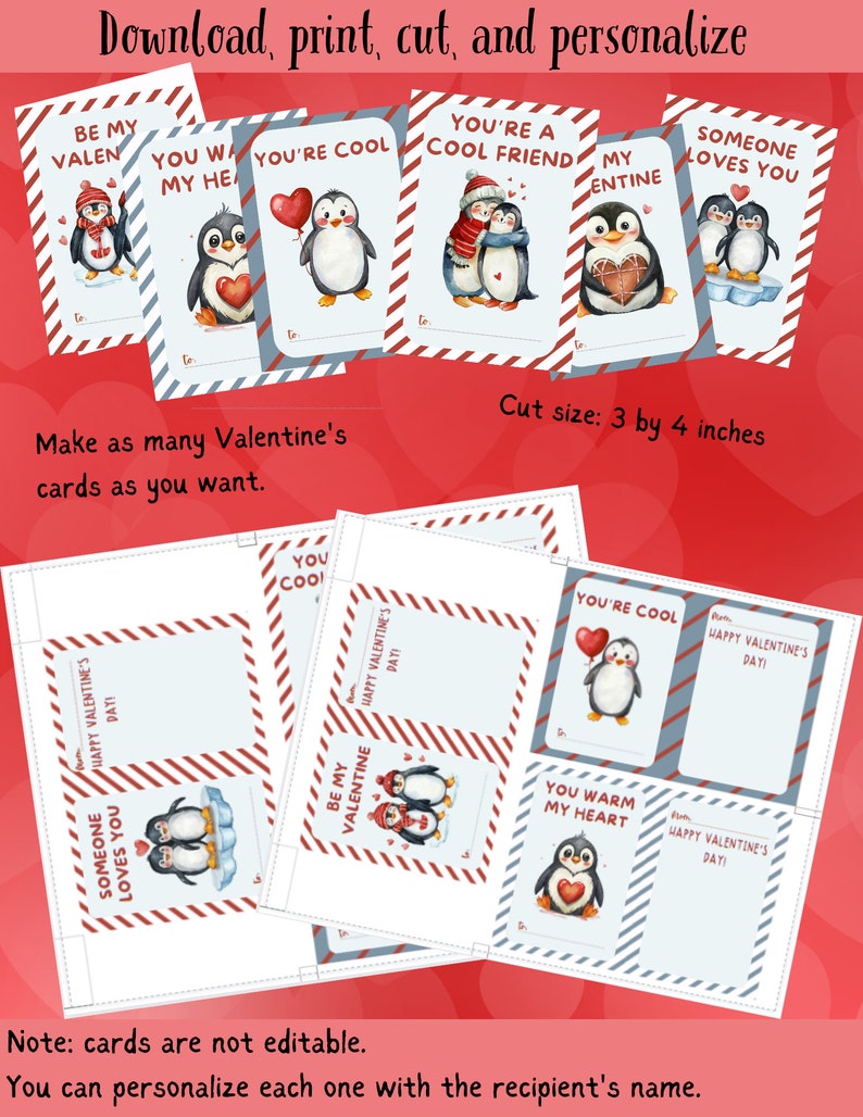 Foldable Printable Kid's Valentine's Day Cards Adorable Penguins - Etsy