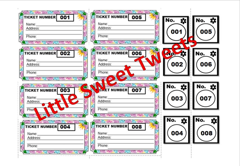 Raffle Ticket Template, 8 Floral Raffle Tickets per Page, Flower Raffle ...