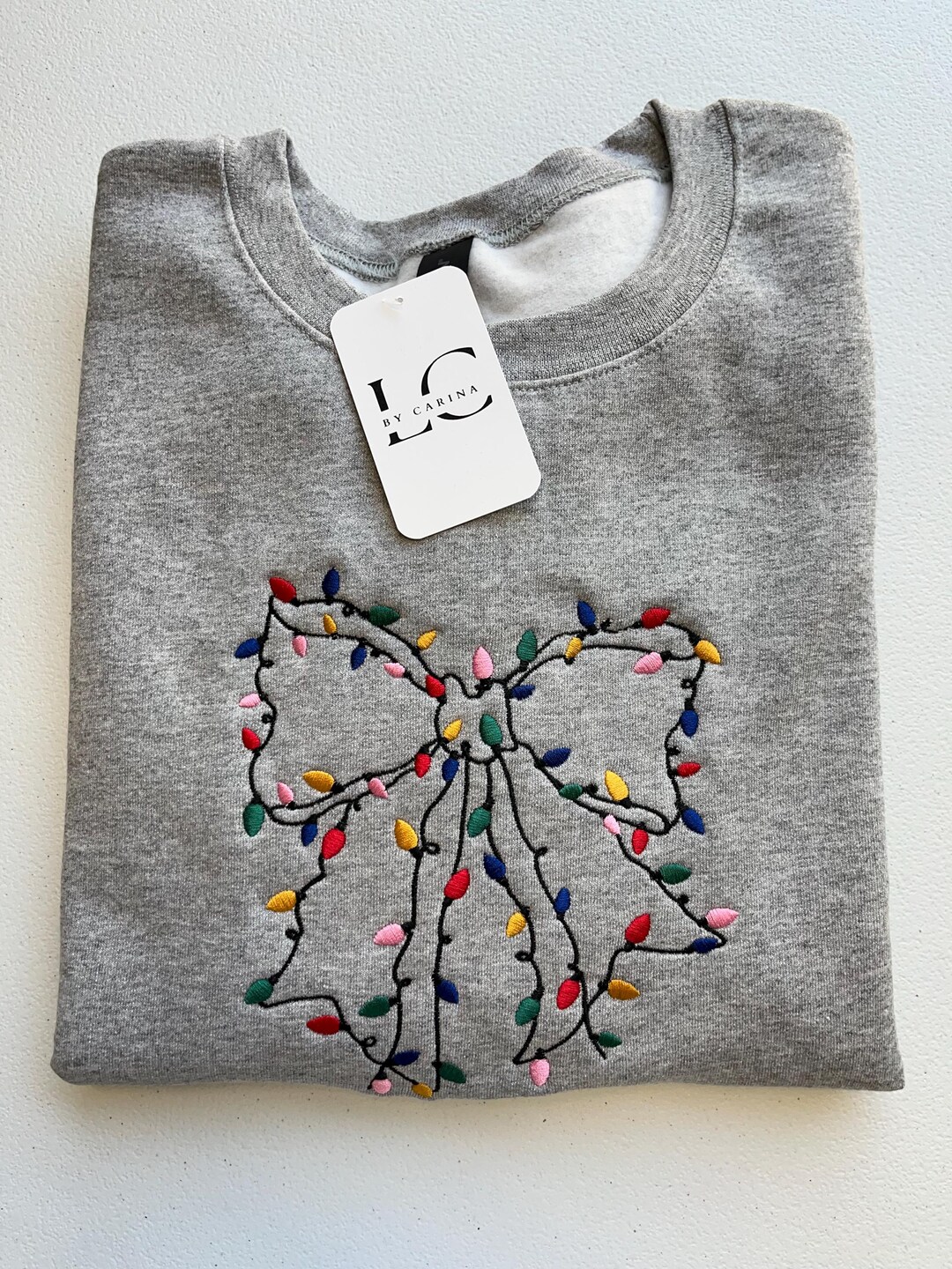 Christmas Lights Bow Embroidered Sweater Festive Holiday Sweatshirt ...