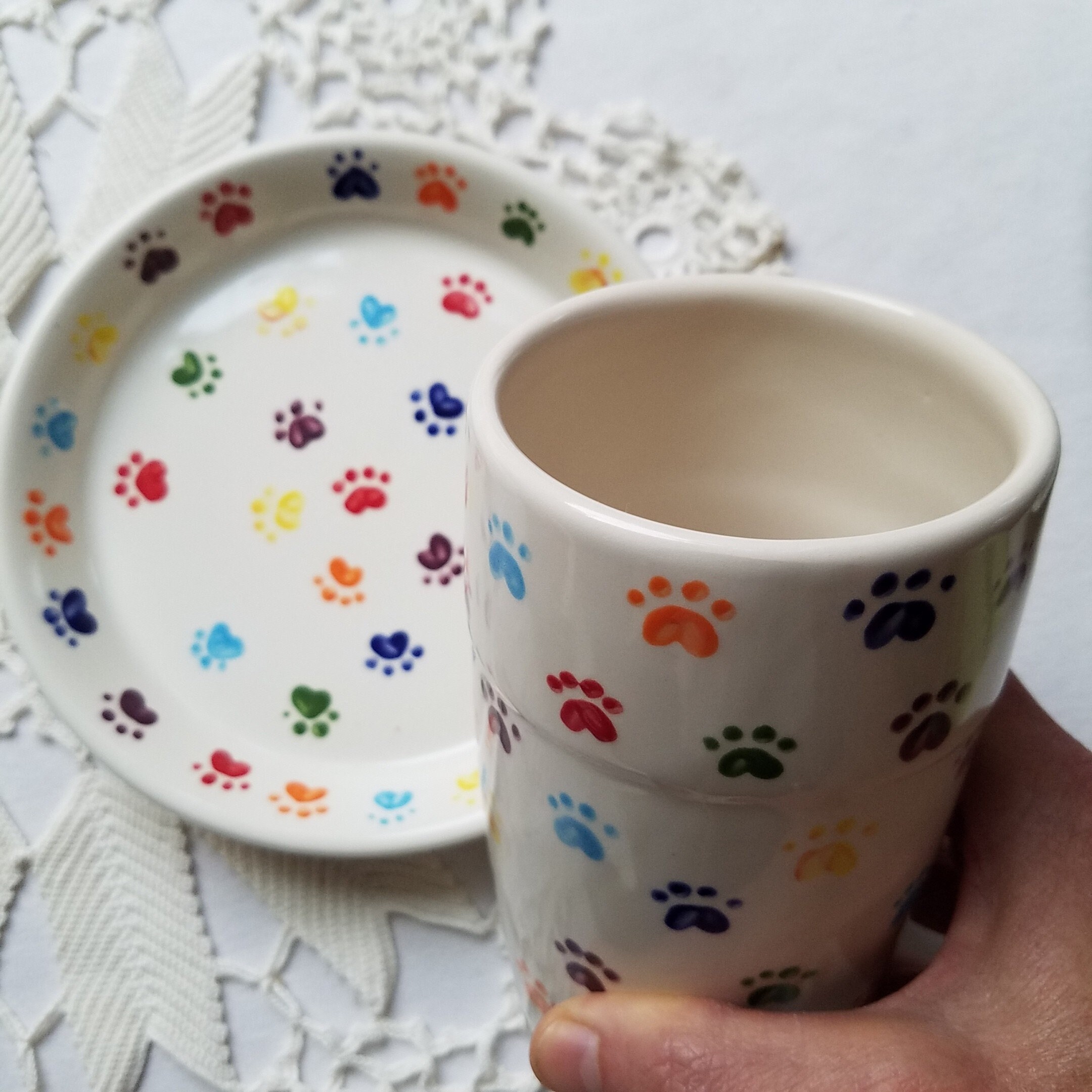 Rainbow paw print bowl large ceramic dish rainbow dog print | Etsy