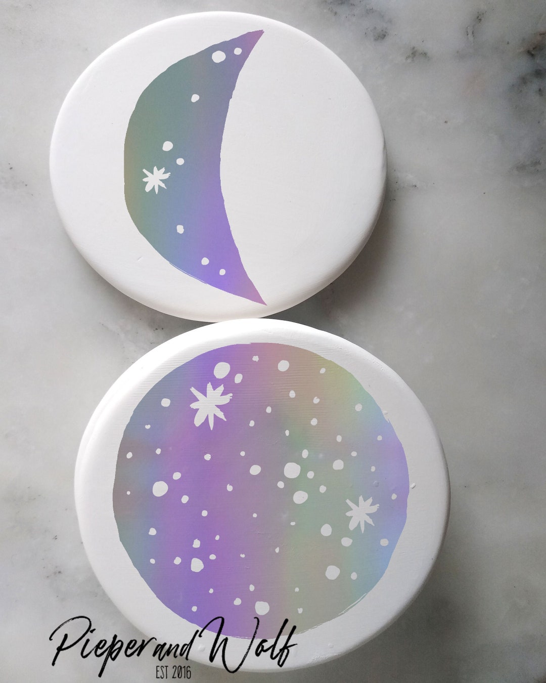 Iridescent Cosmic Moon Phases Coaster Set Celestial Crescent Moon Stars ...
