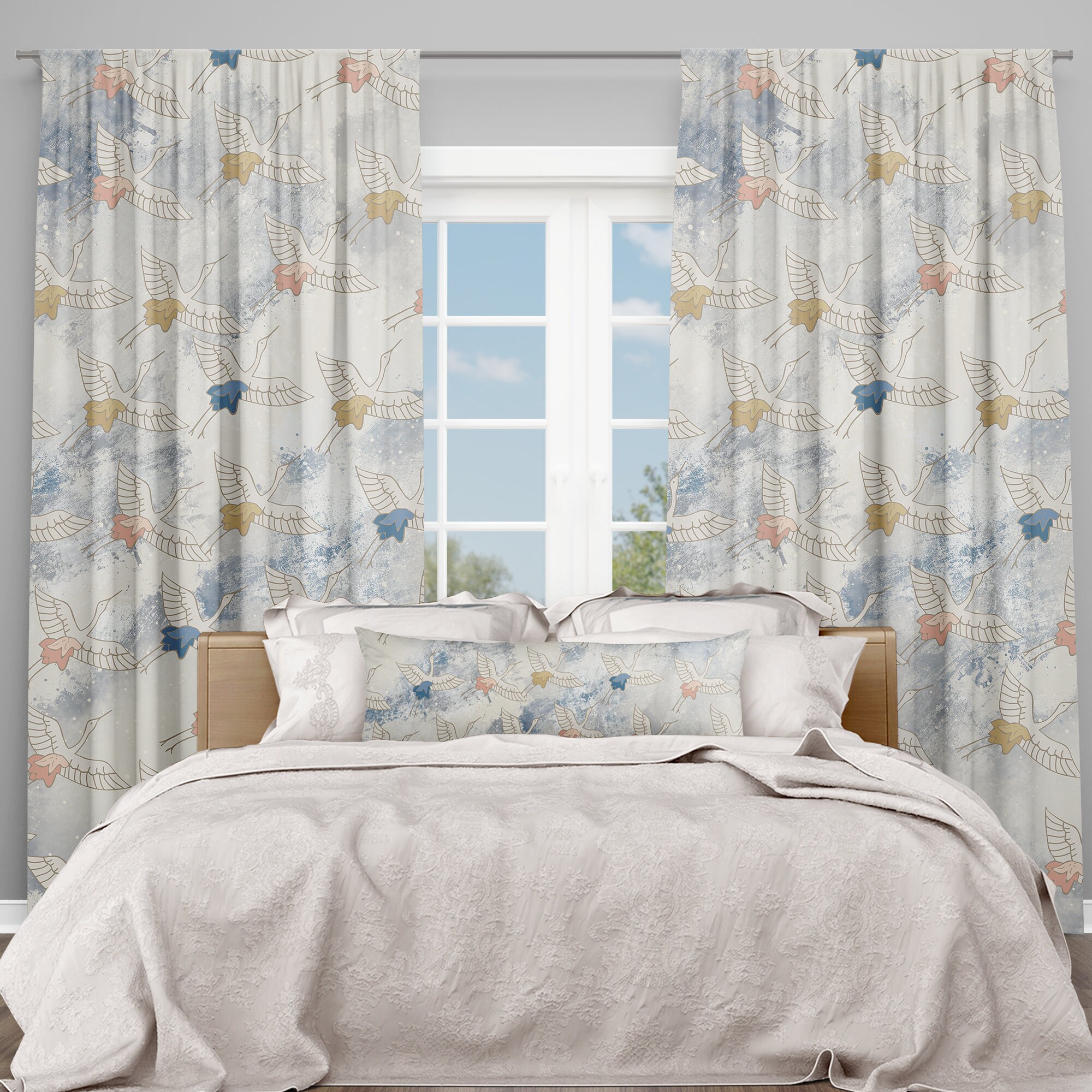 Drapery Cranes Pattern Window Curtains Crane Birds Window | Etsy