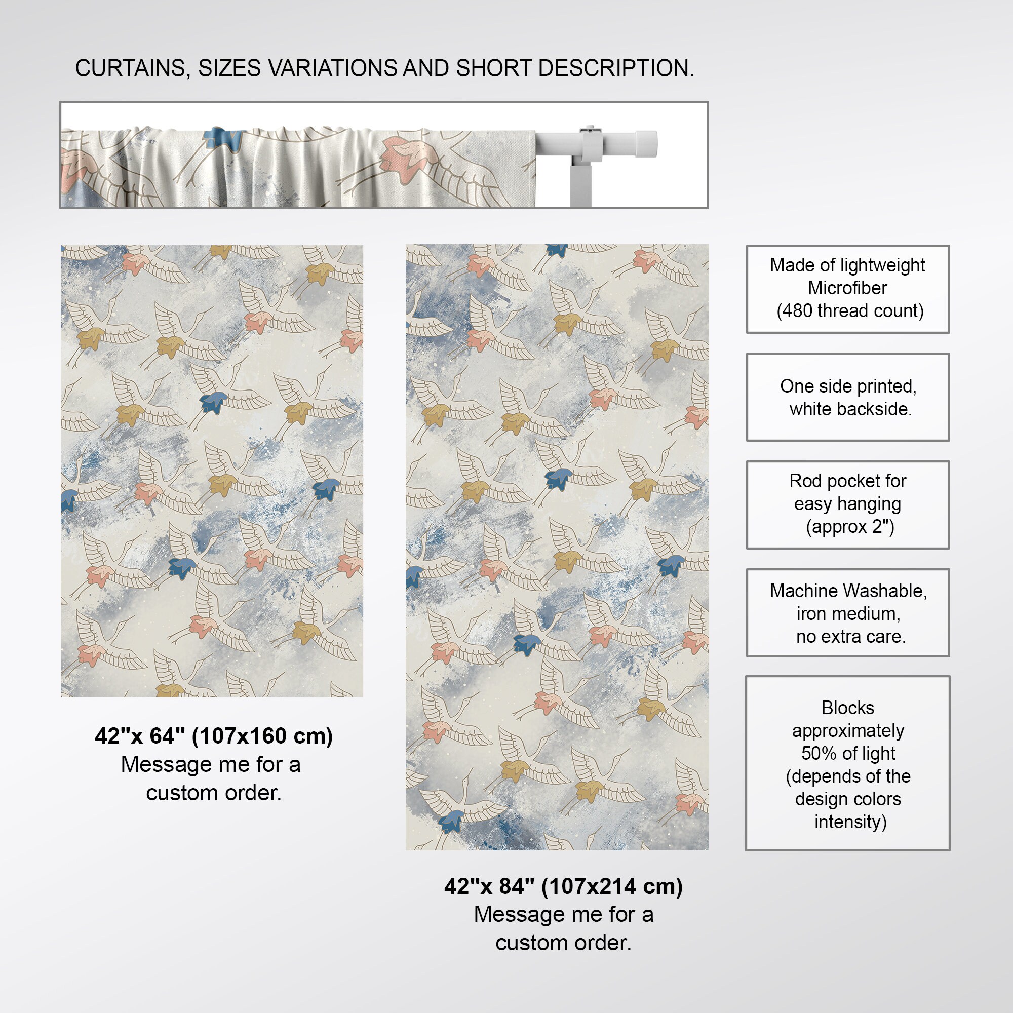 Drapery Cranes Pattern Window Curtains Crane Birds Window | Etsy