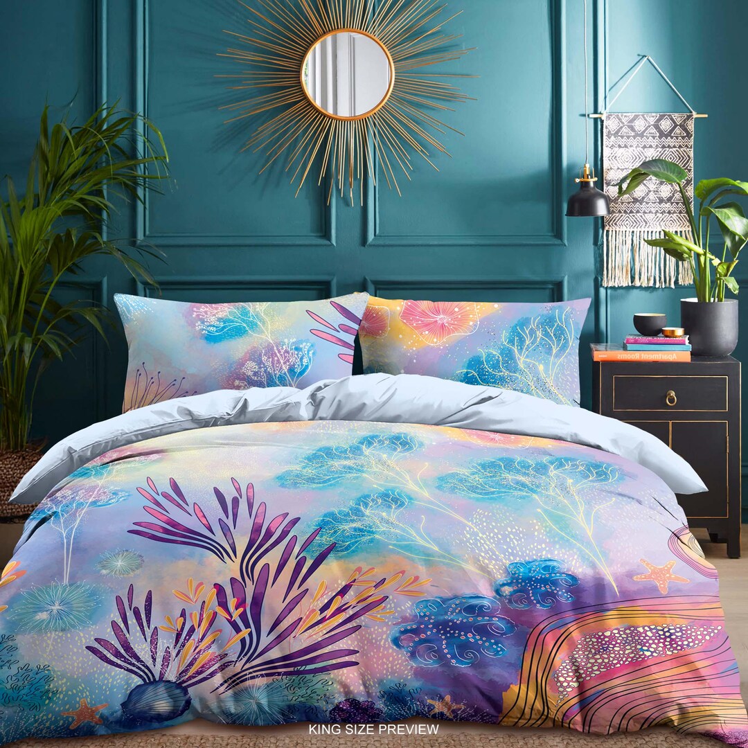 Watercolor Ocean Life Bedding Set: Bohemian Coastal Bedroom Decor, B216 ...