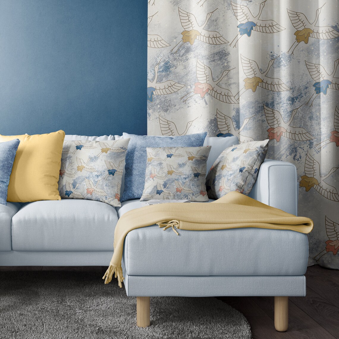 Drapery Cranes Pattern Window Curtains Crane Birds Window | Etsy