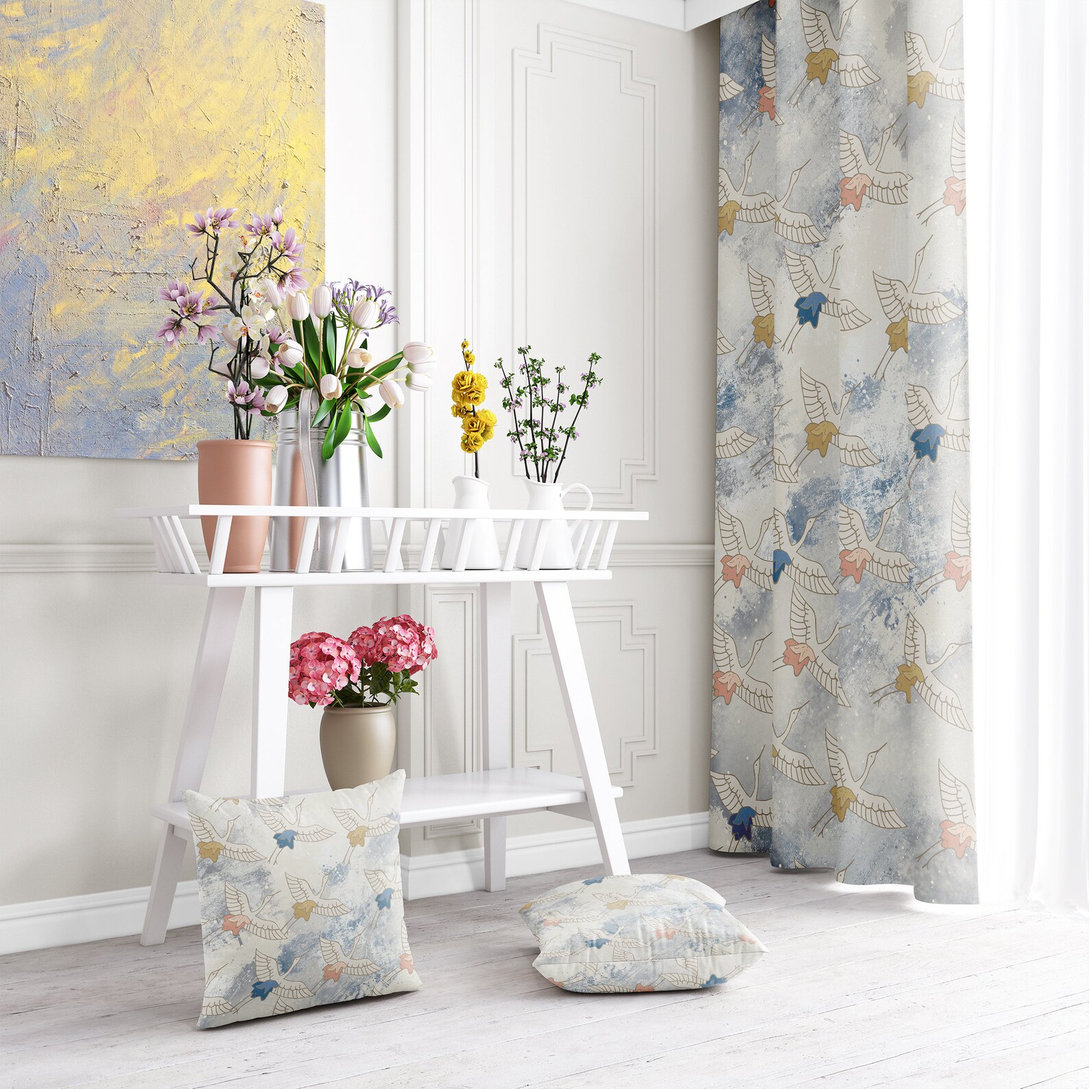 Drapery Cranes Pattern Window Curtains Crane Birds Window | Etsy