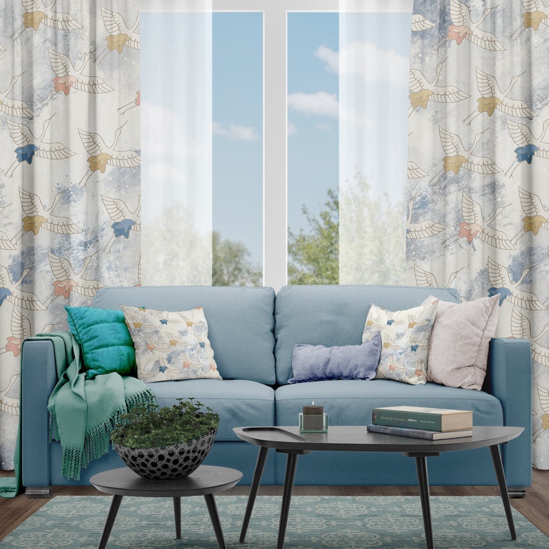 Drapery Cranes Pattern Window Curtains Crane Birds Window | Etsy