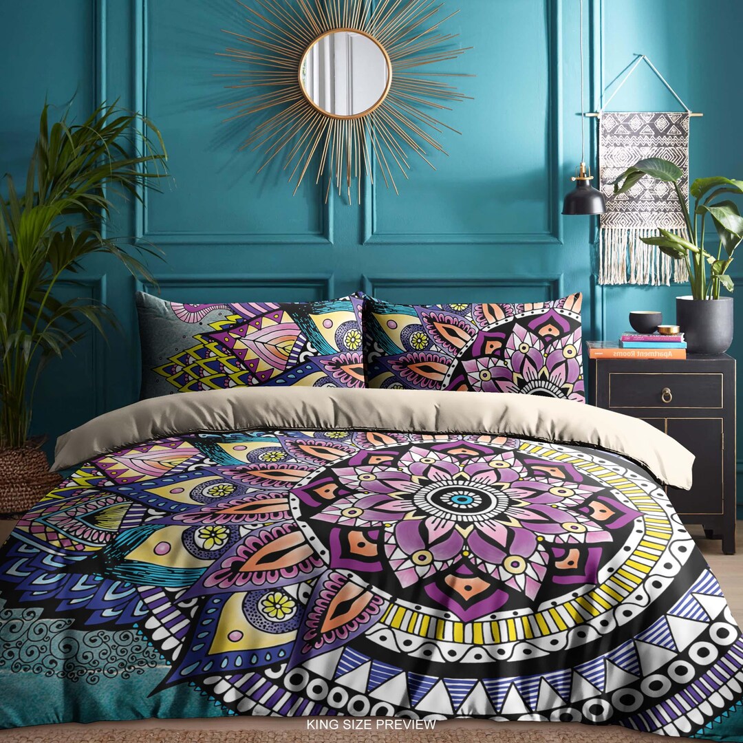 Boho Mandala Duvet Cover – Asymmetric Hand-drawn Bedding Set – Bohemian ...